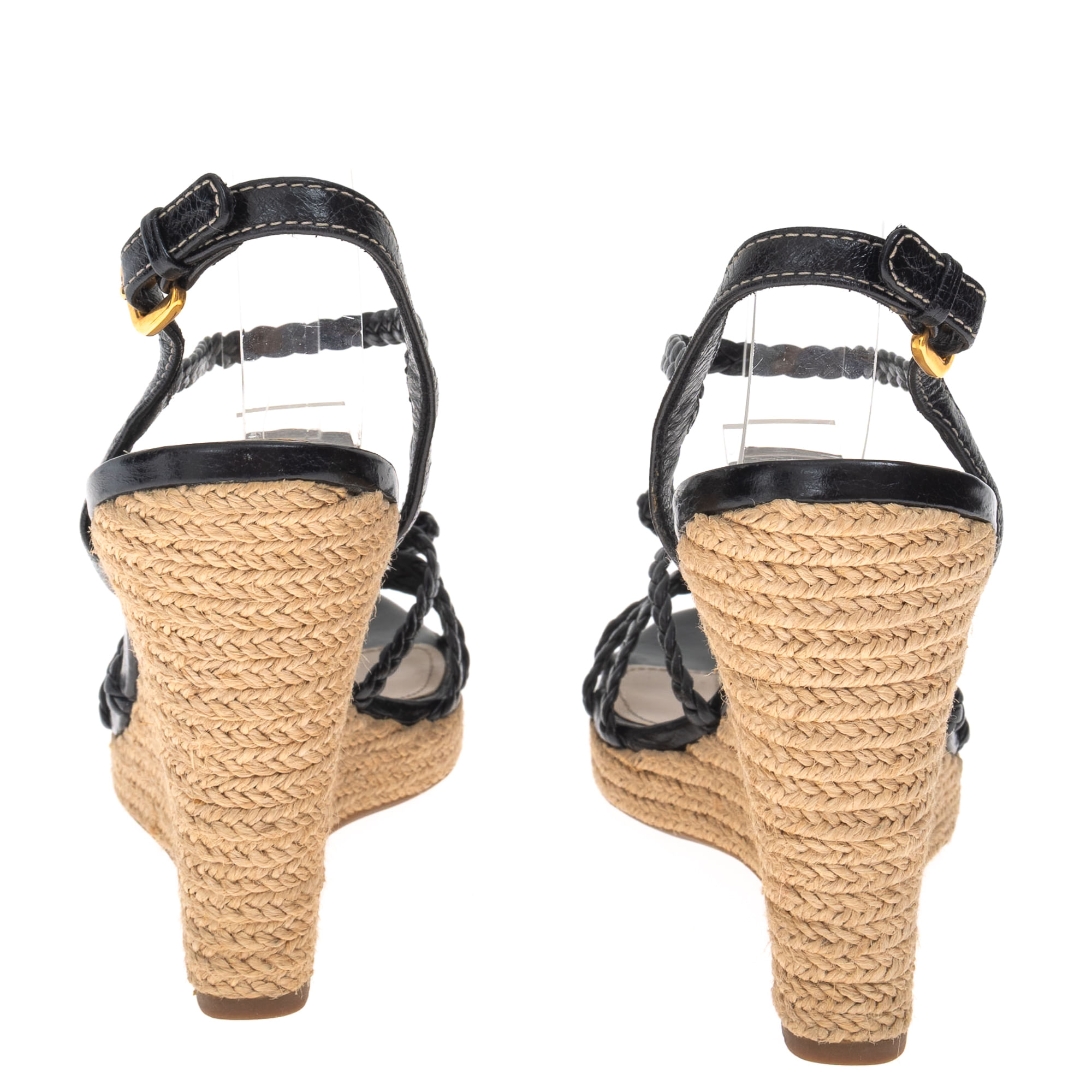Sandália Prada Anabela Ráfia e Couro Preta | Brechó de luxo - Prettynew
